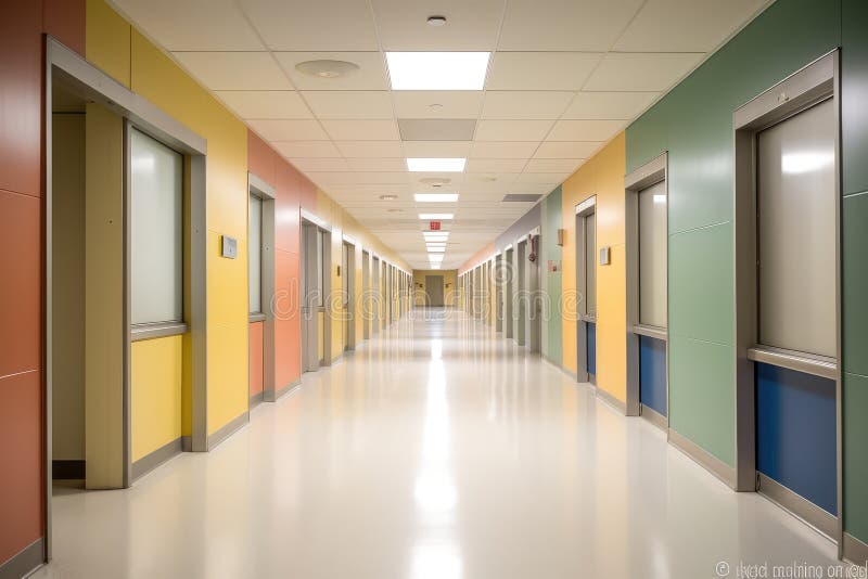 Hospital Corridor with Colored Pastel Walls and Doors. Generative AI ...