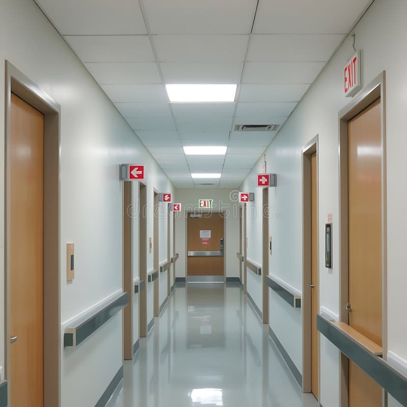 A Hospital Corridor Lined with Closed Patient Room Doors and Emergency ...