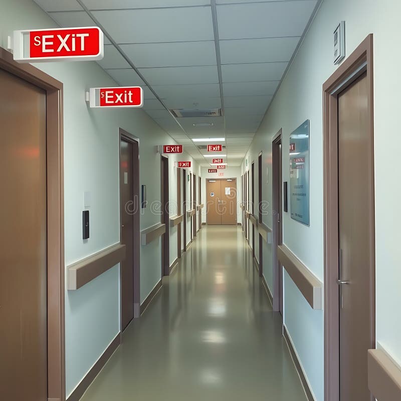 A Hospital Corridor Lined with Closed Patient Room Doors and Emergency ...