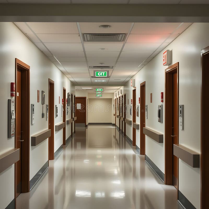 A Hospital Corridor Lined with Closed Patient Room Doors and Emergency ...