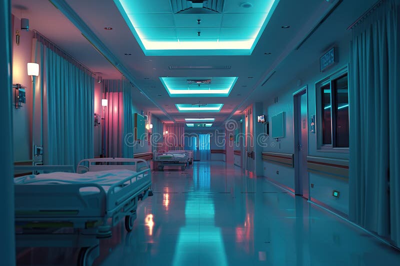 Hospital Corridor with Neon Lights Stock Illustration - Illustration of ...