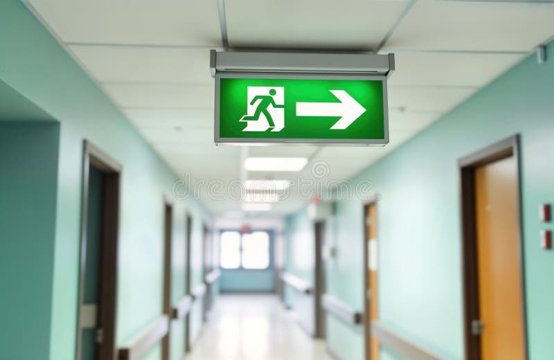 Hospital Corridor Shows Emergency Fire Exit Sign. Green Arrow Lightbox ...