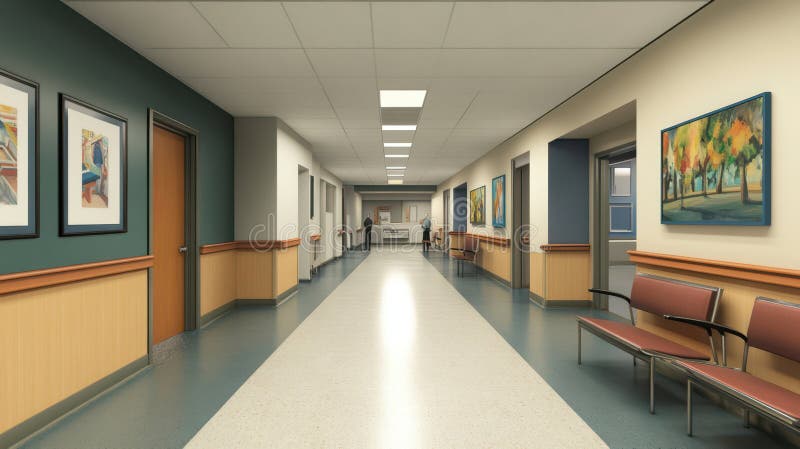 Hospital Corridor with Waiting Area and Patient Rooms 3D Render Stock ...