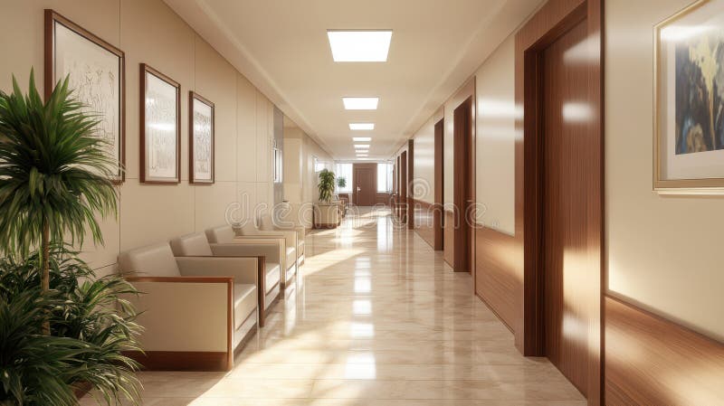 Hospital Corridor with Waiting Area and Patient Rooms 3D Render Stock ...