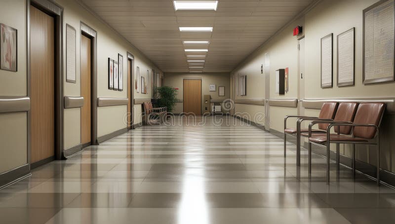 The Hospital Features a Long, Bright Corridor with Rooms and Seats ...