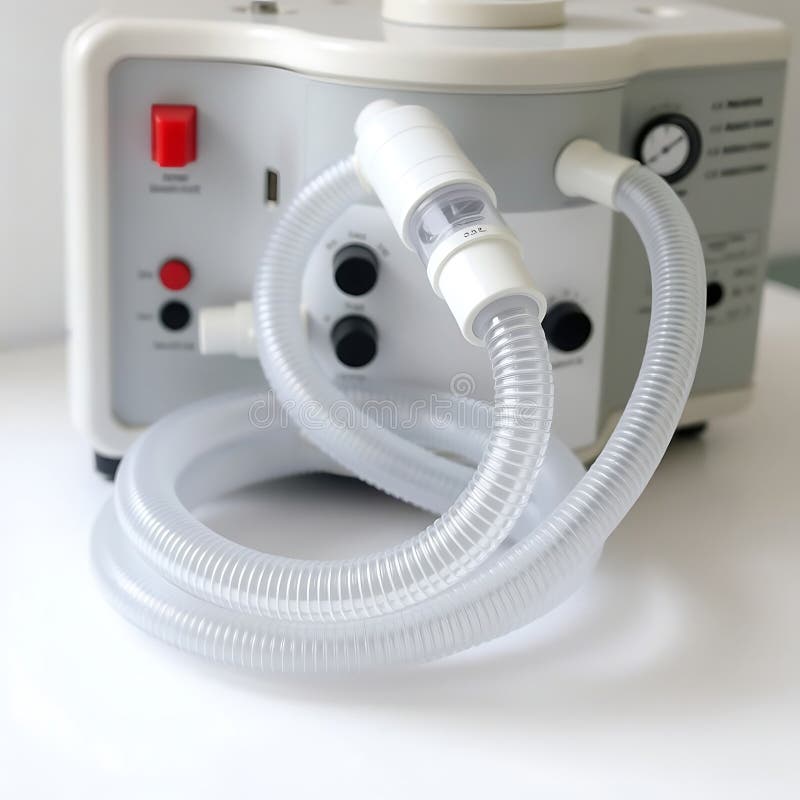 A Hospital Grade Suction Machine with Tubing Coiled Neatly on a White ...