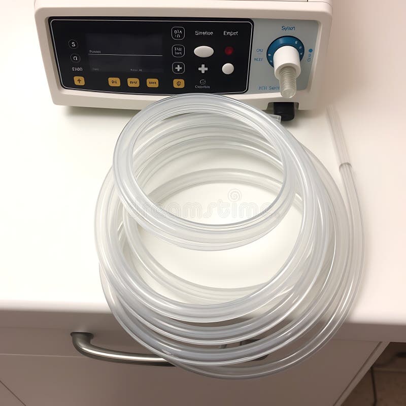 A Hospital Grade Suction Machine with Tubing Coiled Neatly on a White ...
