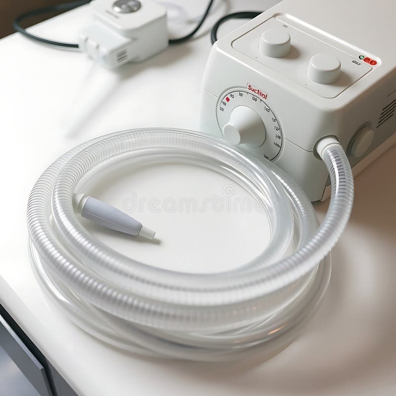 A Hospital Grade Suction Machine with Tubing Coiled Neatly on a White ...