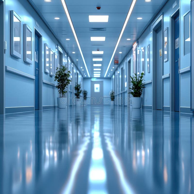 Hospital Interior Shows Long Hallway with Plants and Lights in Clean ...
