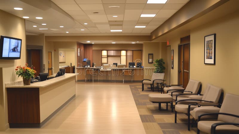 A Hospital Lobby with a Reception Desk and a Few Chairs Stock ...