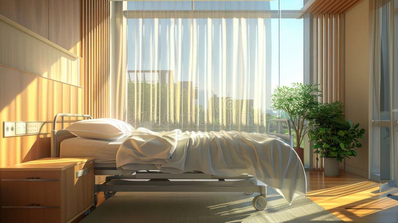 A Hospital Room with a Bed, a Bedside Table, and a Plant in the Corner ...