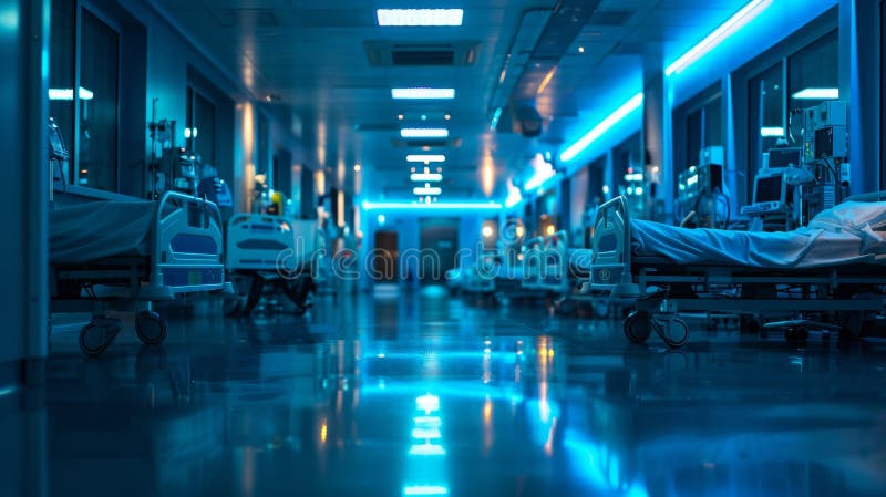 A Hospital Room with Beds and a Blue Light Shining on the Floor, AI ...