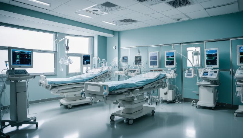 A Hospital Room with a Large Bed and Multiple Monitors Stock ...