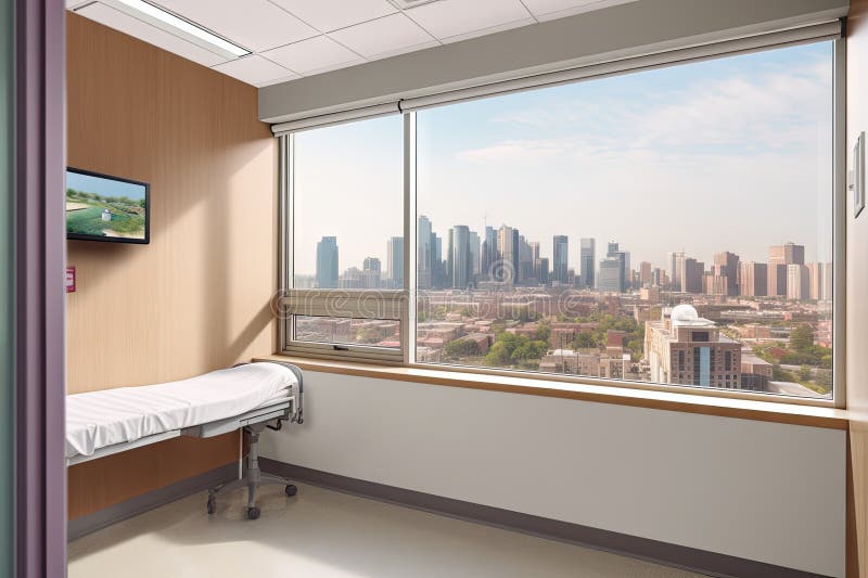 Hospital Room, with View of Cityscape and Skyline Visible through the ...