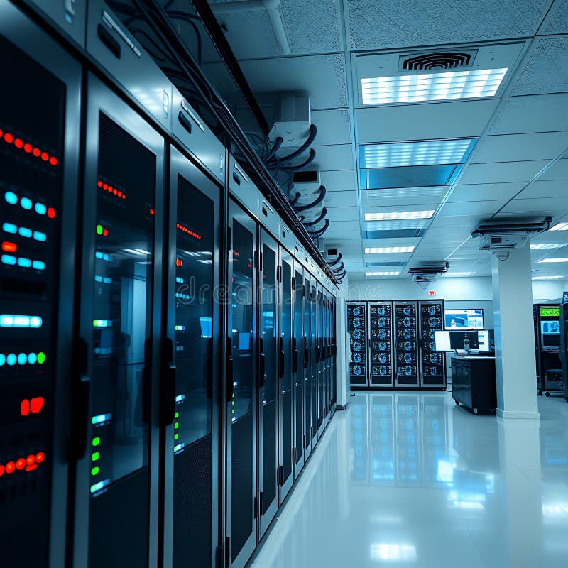 A Hospital it Server Room with Rows of Servers, Monitors, and Blinking ...