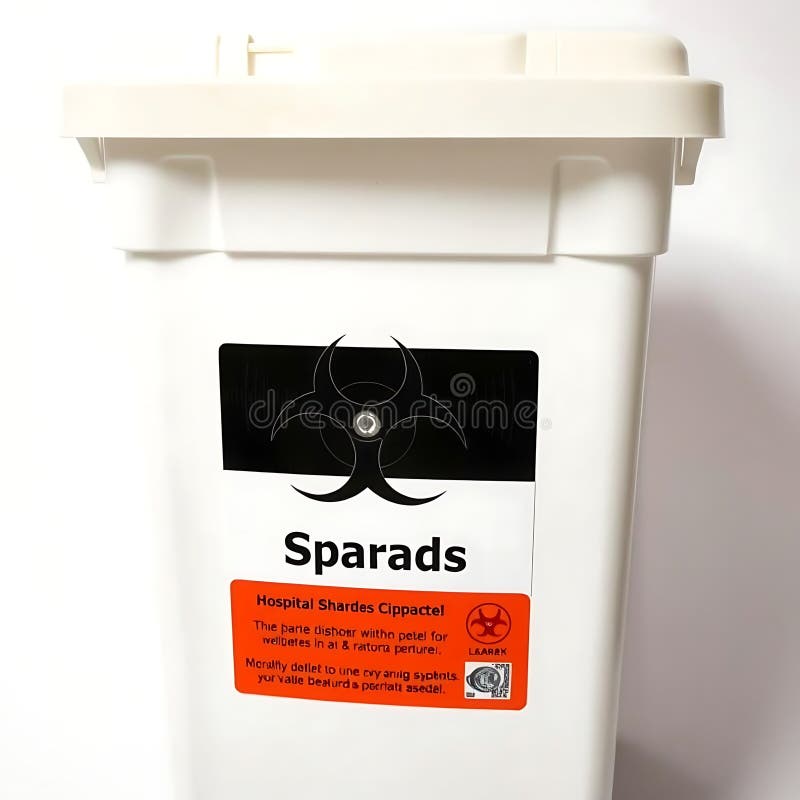 A Hospital Sharps Disposal Container with Biohazard Labeling, Displayed ...