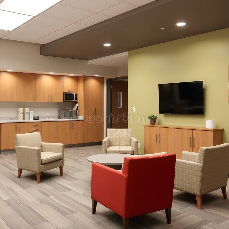 A Hospital Staff Lounge with Comfortable Seating, a Kitchenette, and a ...