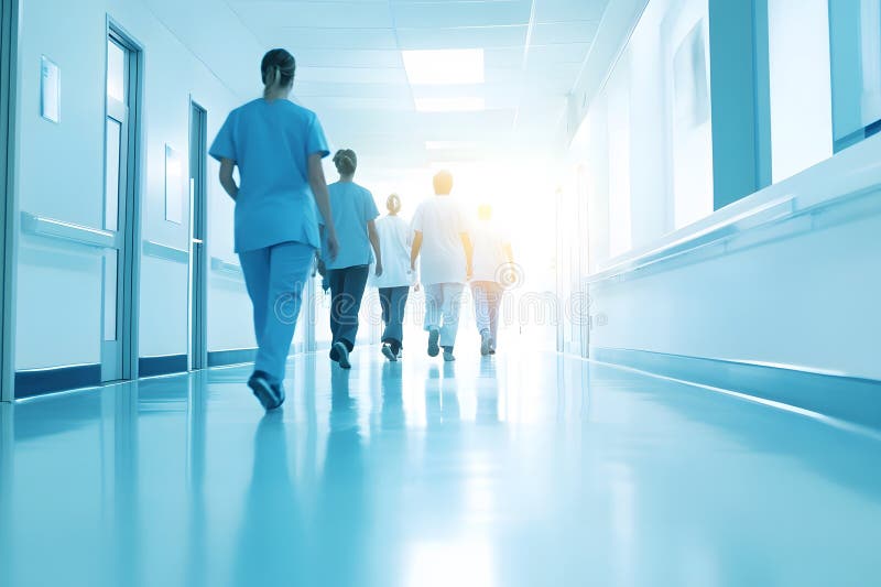 Hospital Team Walking Together in Hallway, Teamwork Concept, Bright ...