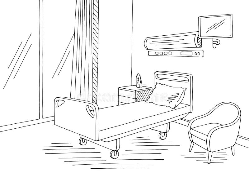 Hospital Ward Clinic Room Interior Graphic Art Black White Sketch ...