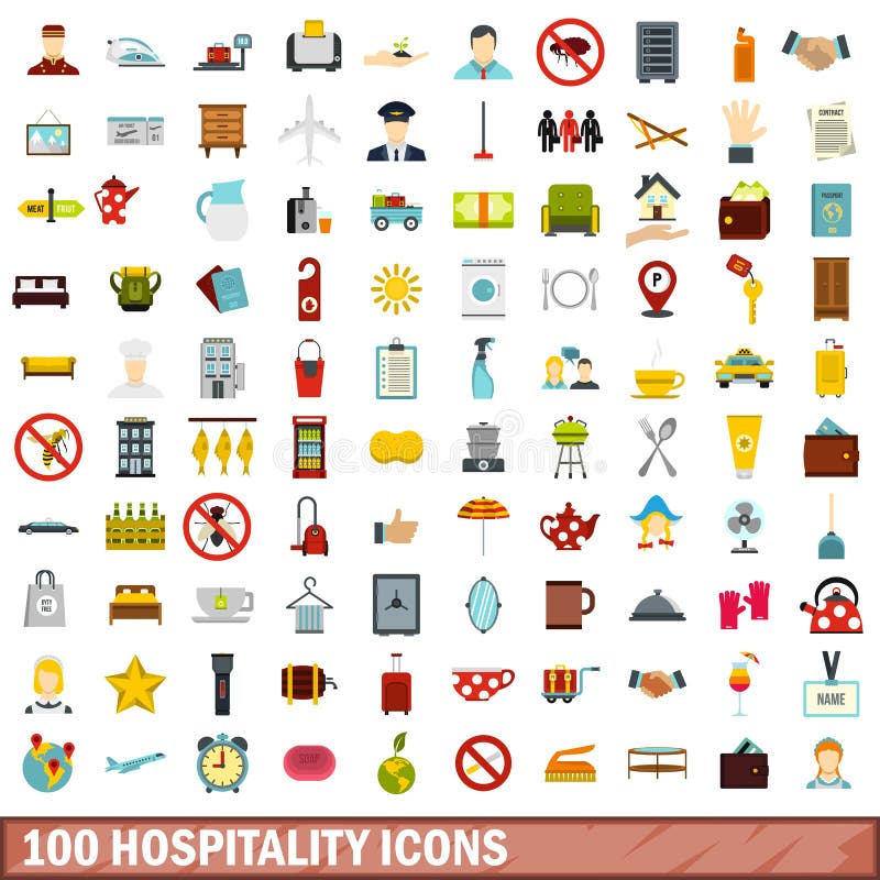 100 Hospitality Icons Set, Flat Style Stock Vector - Illustration of ...