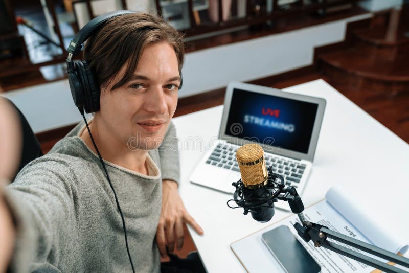 Host Channel Broadcaster Holding Selfie Portrait Looking Camera ...