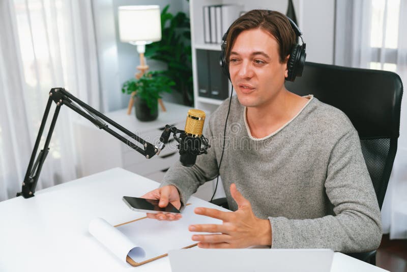 Host Channel Broadcaster Talking Show with Script and Smartphone ...