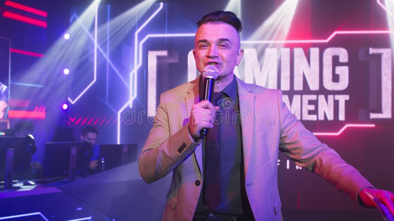 Male Announcer Commenting Gaming Tournament Stock Image - Image of male ...