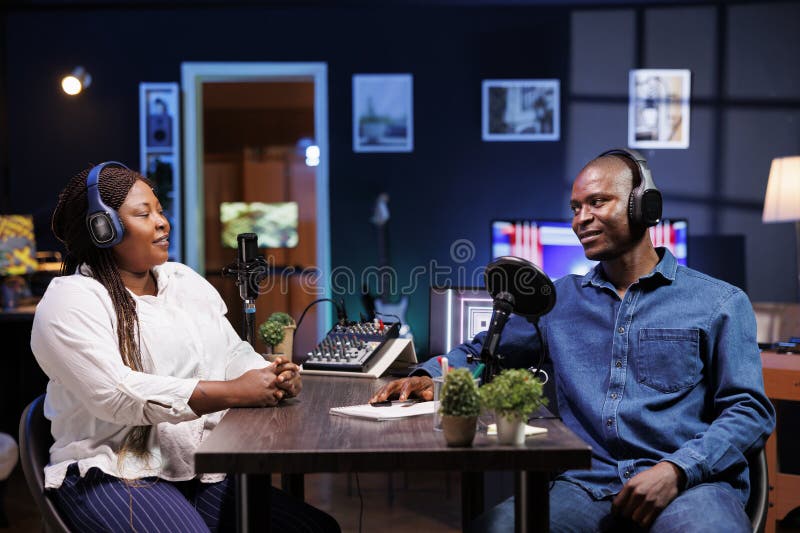 Host with Microphone Interviews Influencer Stock Photo - Image of ...