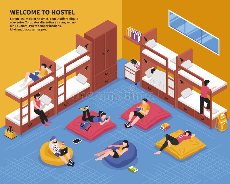 Hostel Bedroom Isometric Illustration Stock Vector - Illustration of ...