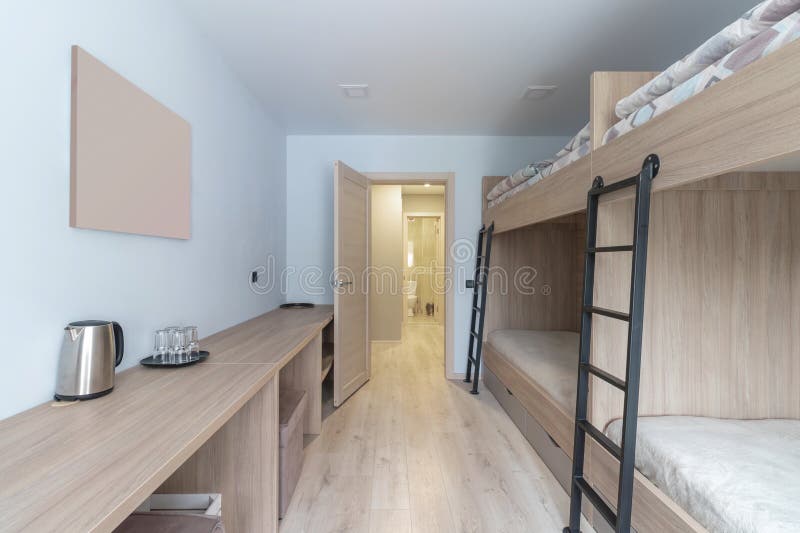 Hostel Dormitory Beds Arranged in Dorm Room with White Plain Bunk Bed ...