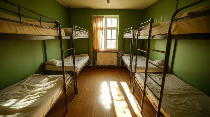 Hostel Dormitory Room with Bunk Beds and Sunlight Stock Illustration ...