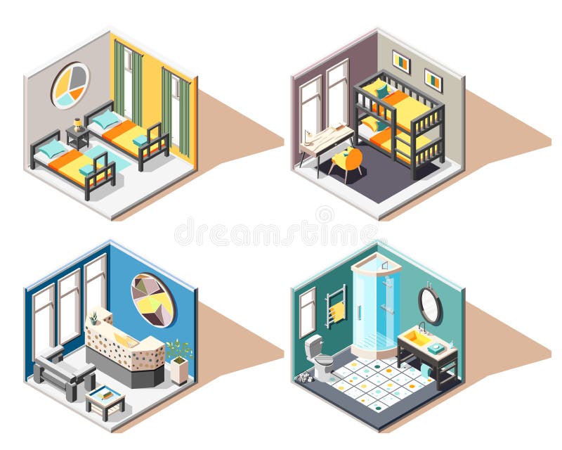 Hostel Isometric 2x2 Design Concept Stock Vector - Illustration of ...