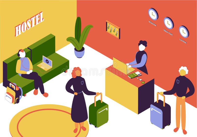 Hostel Reception Design Concept Stock Vector - Illustration of hotel ...