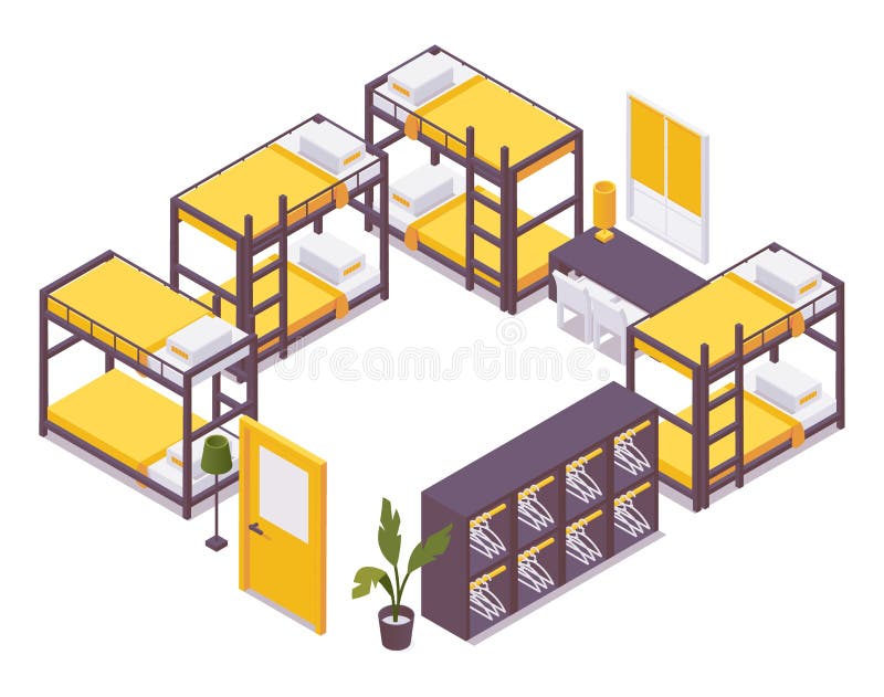 Hostel Isometric Set with Bunk Beds and Lockers. 3d Interior Example in Vibrant Colors Isolated ...
