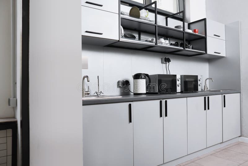 Hostel Kitchen Interior with Modern Furniture and Appliances Stock ...