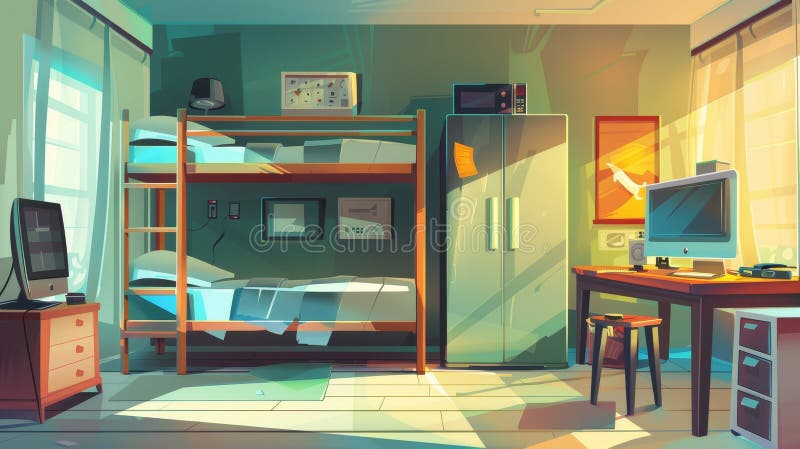 Hostel Room with Bunk Bed, Computer on Desk, Wardrobe and Fridge ...