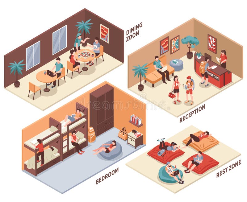 Hostel Rooms Isometric Set stock vector. Illustration of lifestyle ...