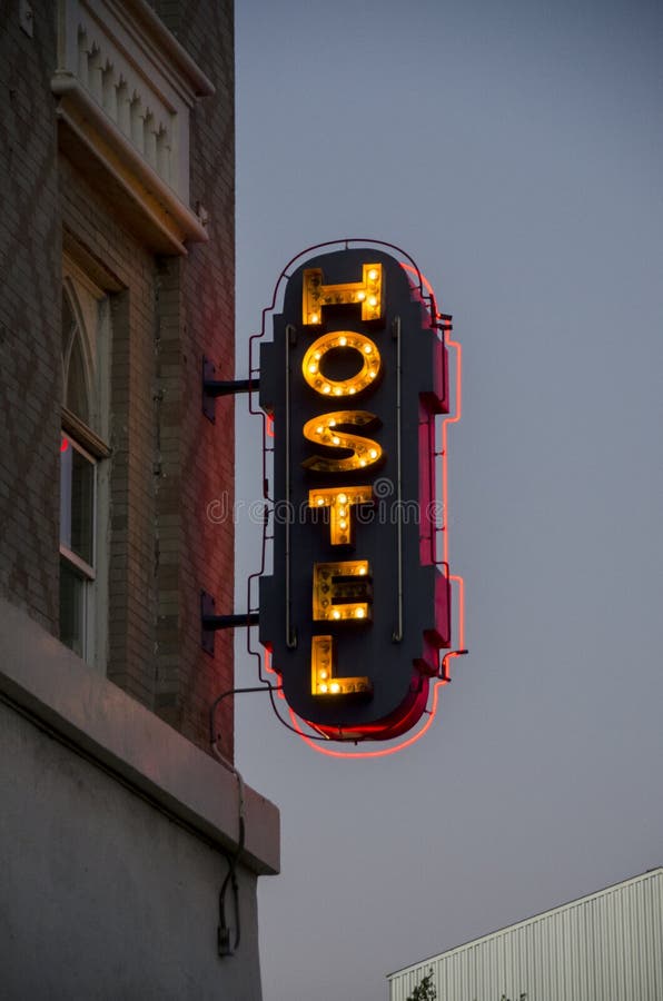 Hostel sign stock image. Image of bulbs, busines, night - 62515023