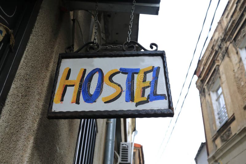 Hostel sign in Old Tbilisi stock image. Image of architectural - 171197657