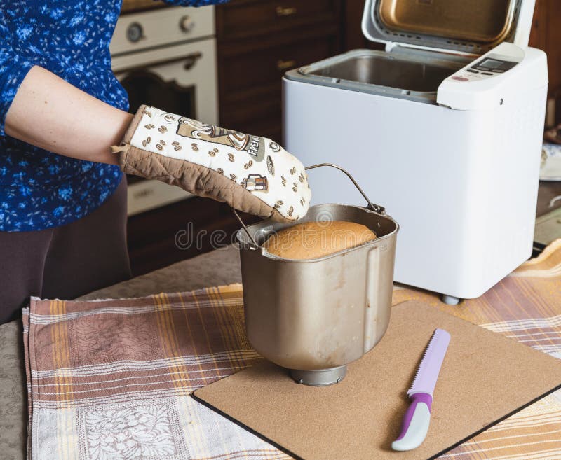 Hostess Takes Fresh Bread from an Electric Bread Machine Stock Image ...