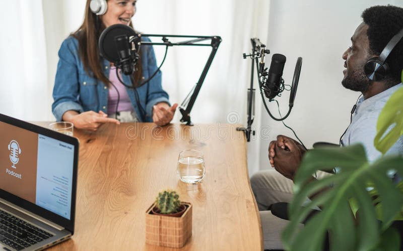 Hosts Having Podcast Session Together - Female Speaker Making an ...