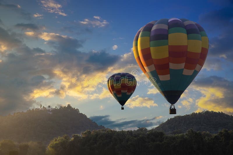 Hot Air Balloon Above Mountasin View at Sunset Stock Image - Image of ...