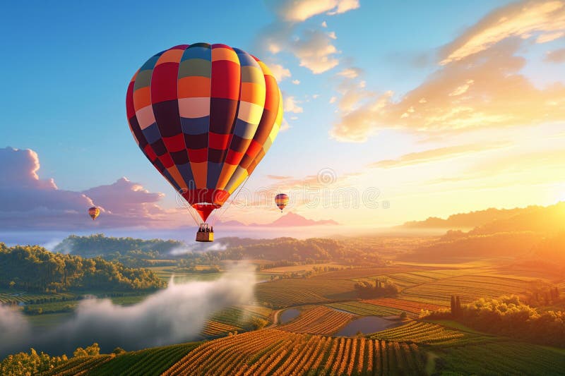 Hot Air Balloon Drifting Gracefully Over a Stock Illustration ...
