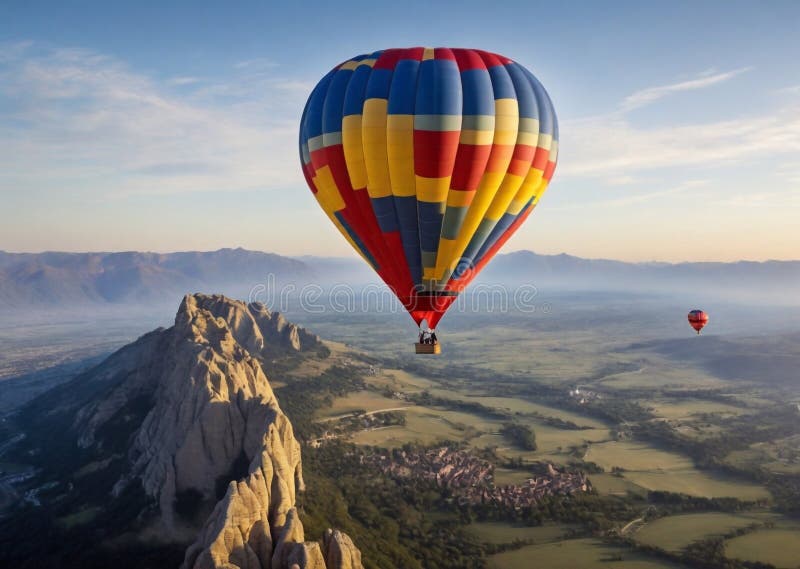 Hot Air Balloon in Flight with Panoramic View Stock Illustration ...