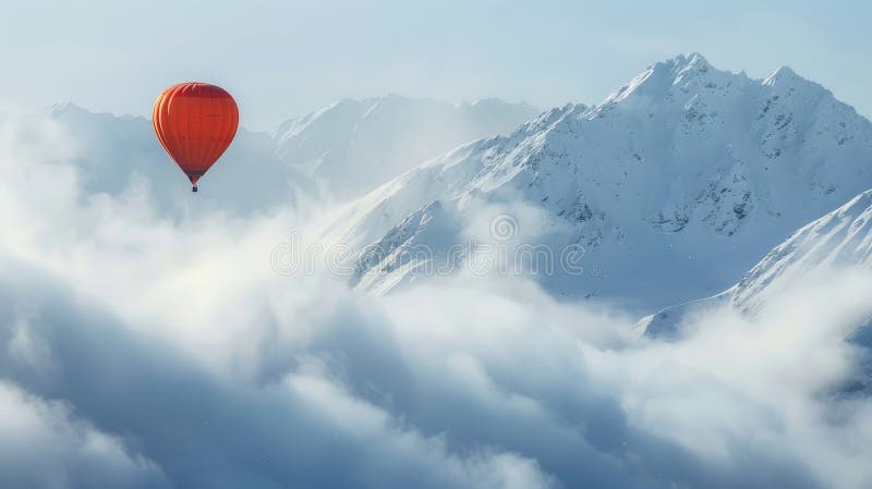 Hot Air Balloon Floating Over Snow Mountain with Copy Space Area. Stock ...