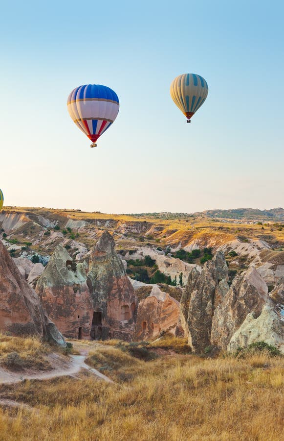 Hot Air Balloon Flying Over Cappadocia Turkey Stock Image - Image of ...
