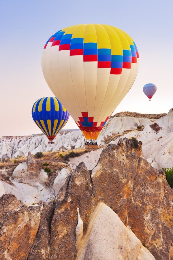 Hot Air Balloon Flying Over Cappadocia Turkey Stock Image - Image of ...