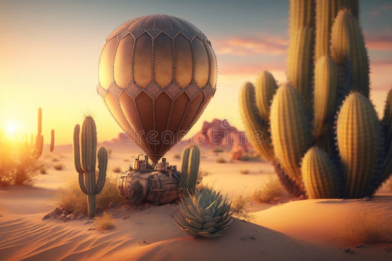 A Hot Air Balloon Flying Over a Desert with Cacti. Stock Illustration ...