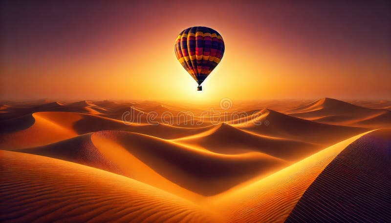 Hot Air Balloon Flying Over Desert Dunes Stock Photo - Image of golden ...