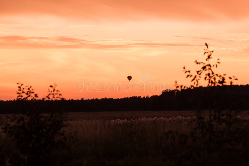Hot Air Balloon Flying at Sunset Sky Stock Image - Image of night ...
